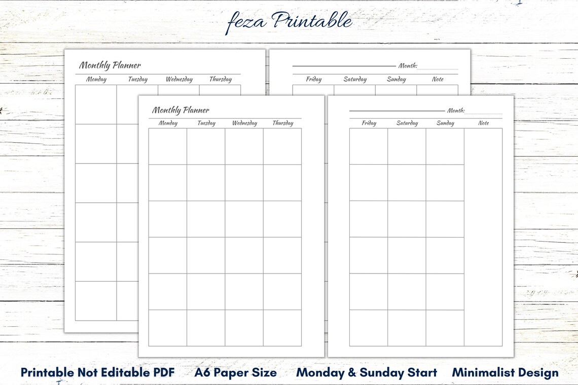 A6 Monthly Planner, Blank Monthly Calendar, A6 Calendar Printable ...