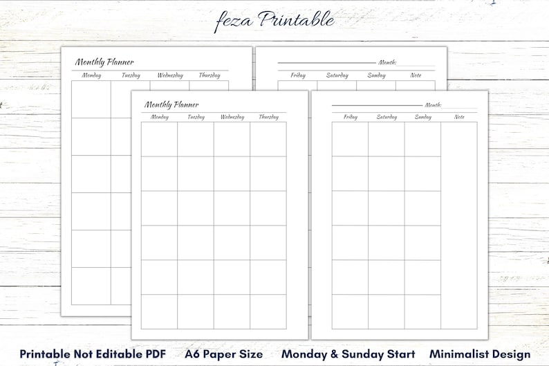 A6 Monthly Planner, Blank Monthly Calendar, A6 Calendar Printable ...