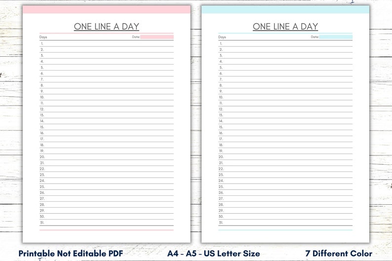 Printable One Line A Day and Month at A Glance Template, PDF Monthly ...