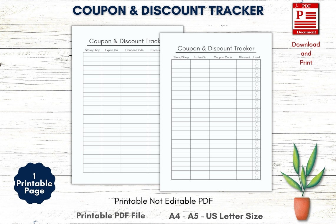 Printable Coupon Code Tracker Coupon Organizer Discount | Etsy