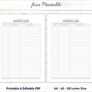 Allergy Tracker Printable, Allergy List Editable, Allergy Log Template ...