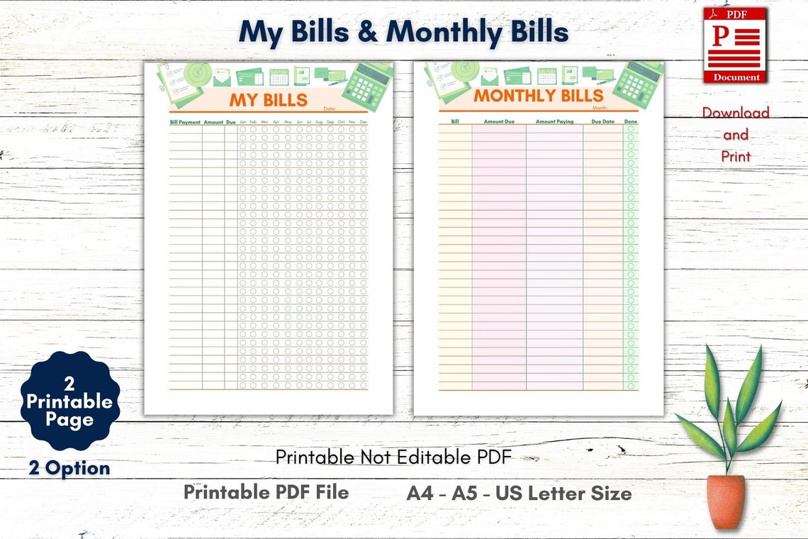 Printable Bill Payment Sheet Monthly Bills Record Bill | Etsy