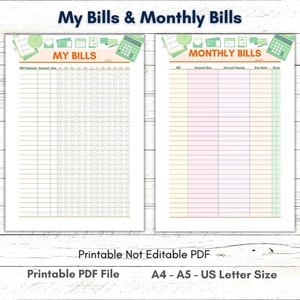 Printable Bill Payment Sheet Monthly Bills Record Bill | Etsy