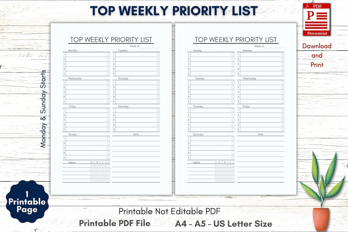 Printable Priority List Printable Weekly Priorities | Etsy