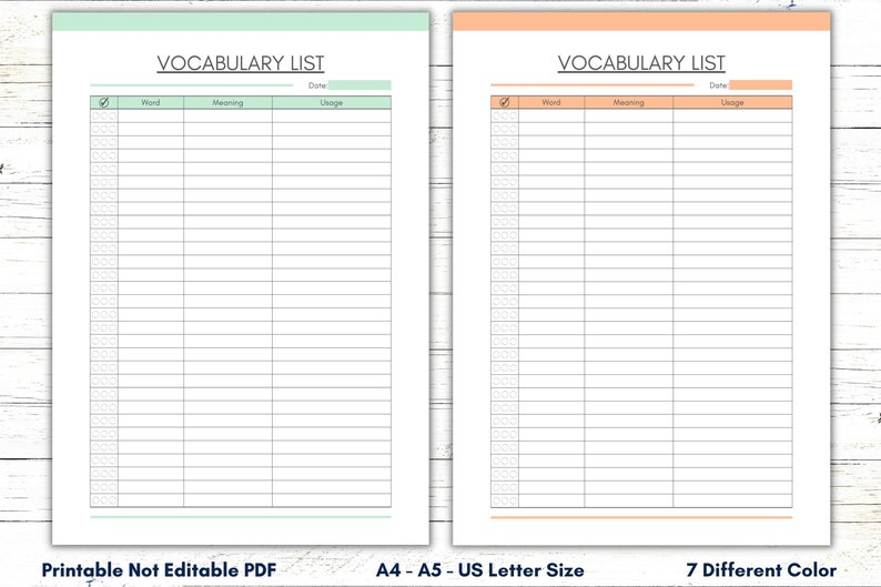 Printable Vocabulary List, Language Learning Planner (PDF) - Etsy