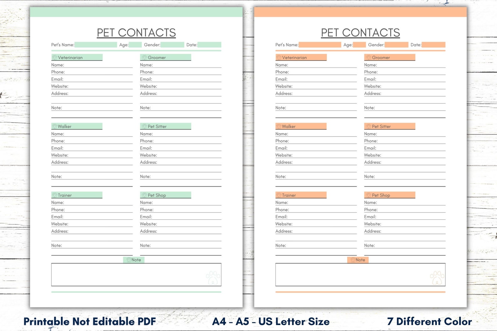 Printable Pet Contact Sheet, PDF Pet Sheet, Pet Contacts Template ...