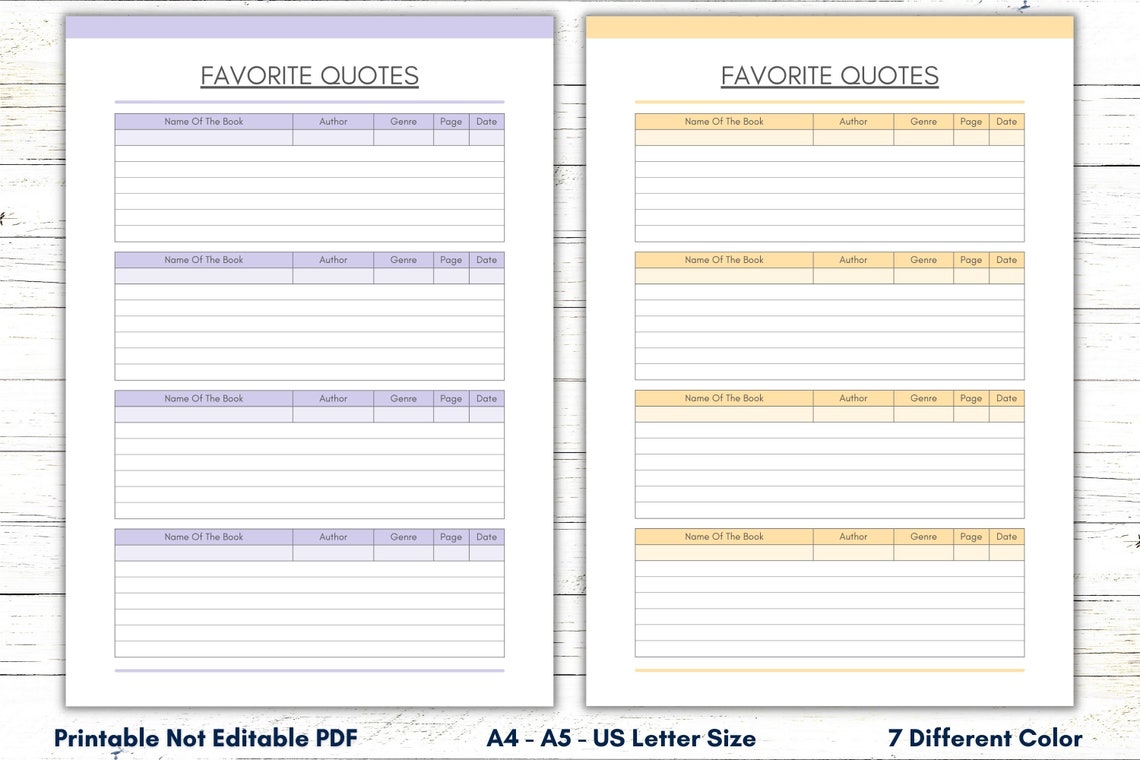 Book Quote Sheet Template Printable, Book Quote Tracker, Book Reading ...