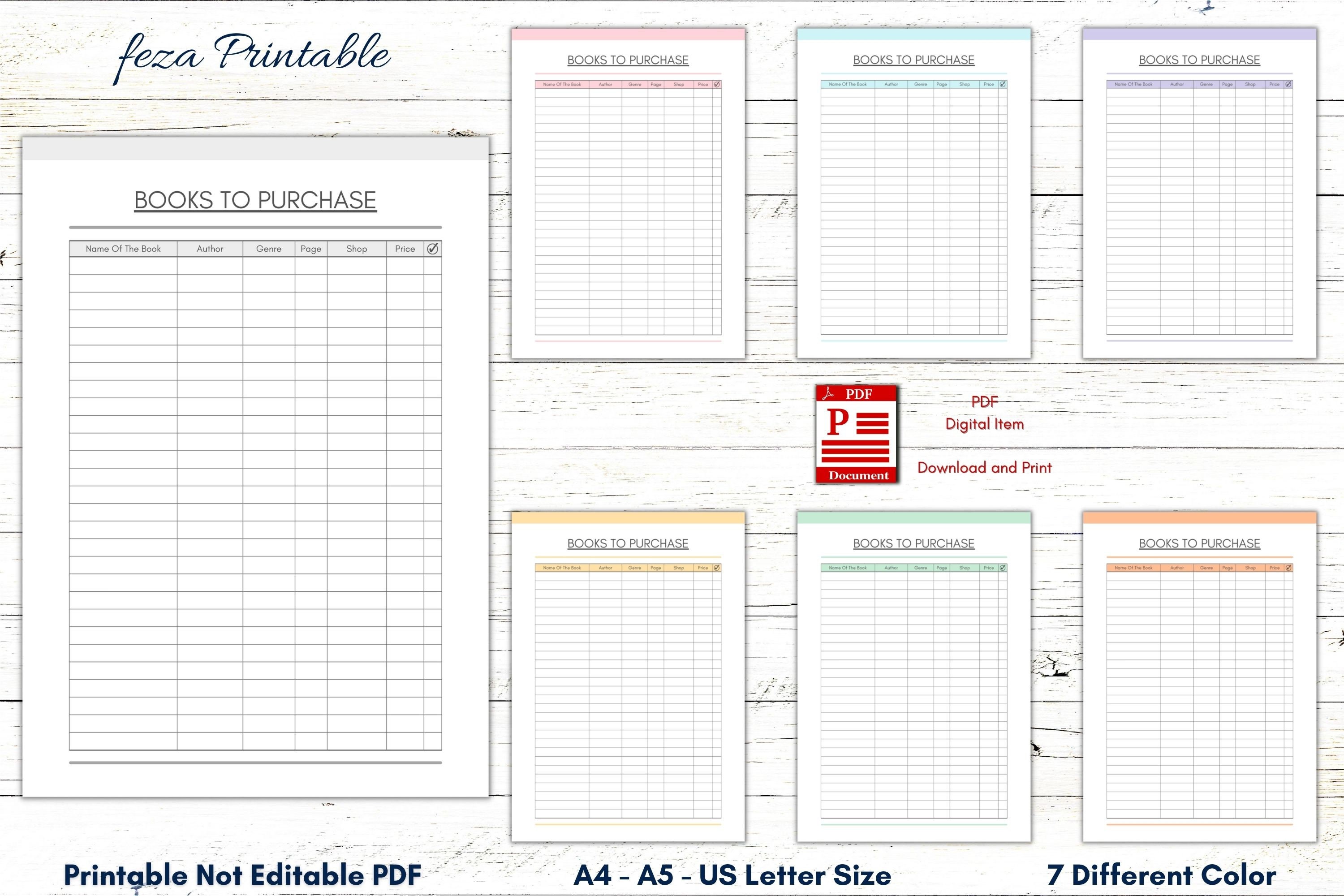 Books to Purchase Tracker Template Printable, Books to Read Sheet ...