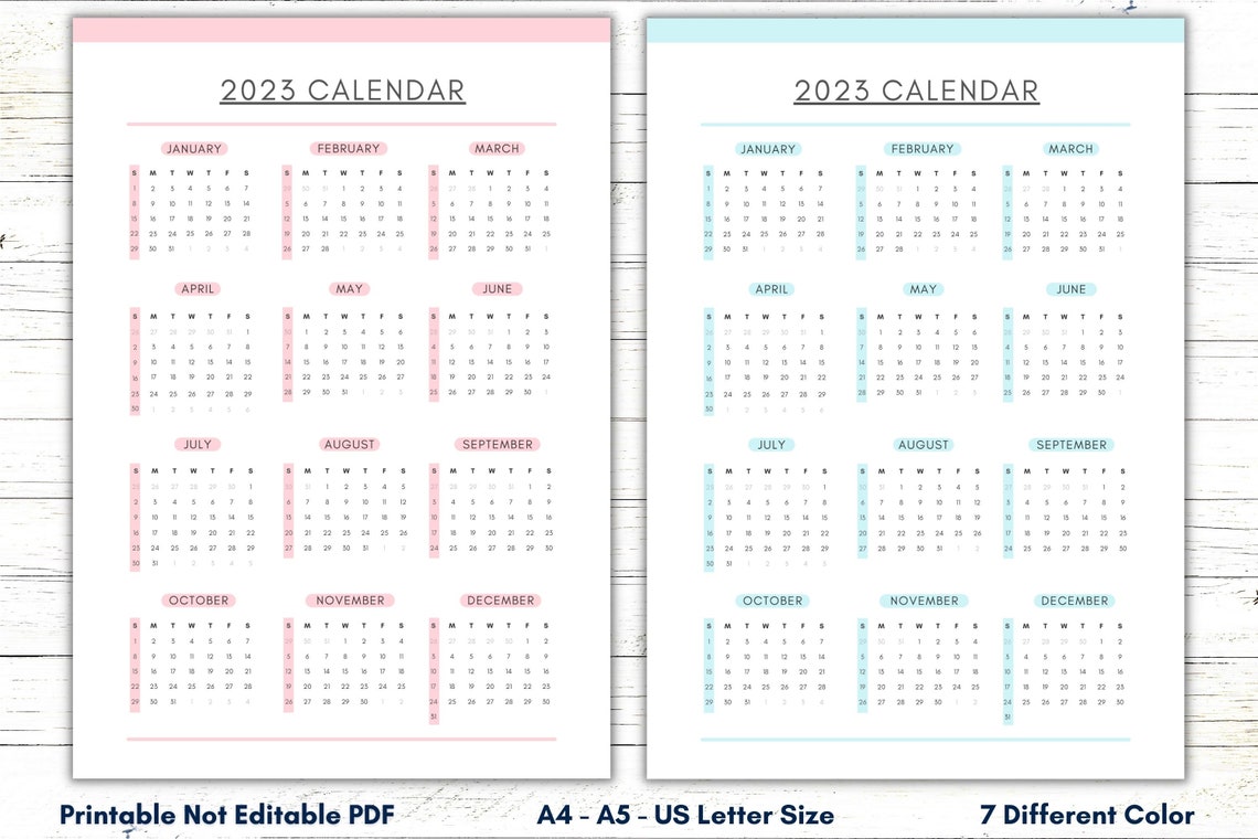 2023 Year Calendar Printable, Yearly Calendar Sheet, 2023 Calendar ...