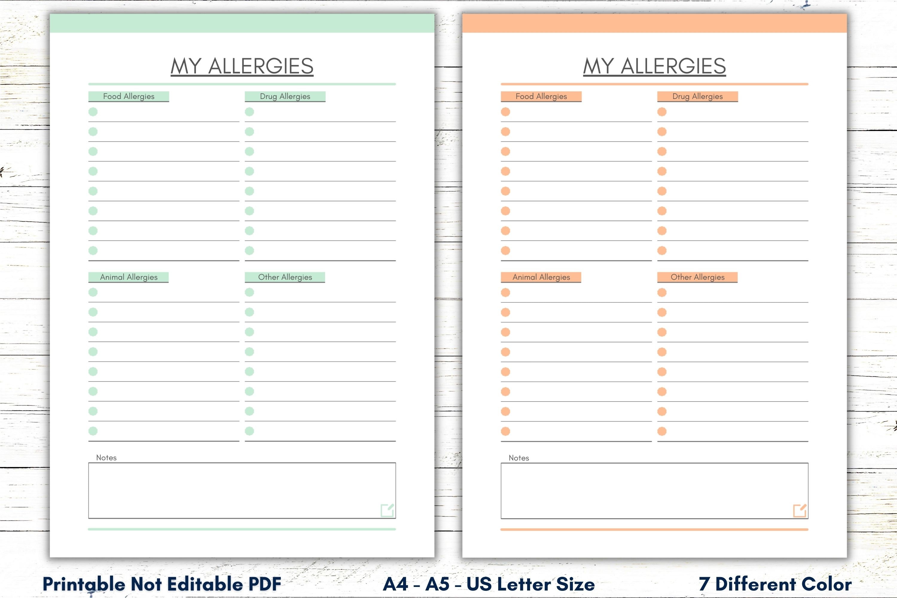 Printable Allergy Log, Printable Allergy Tracker, Allergic Reaction ...