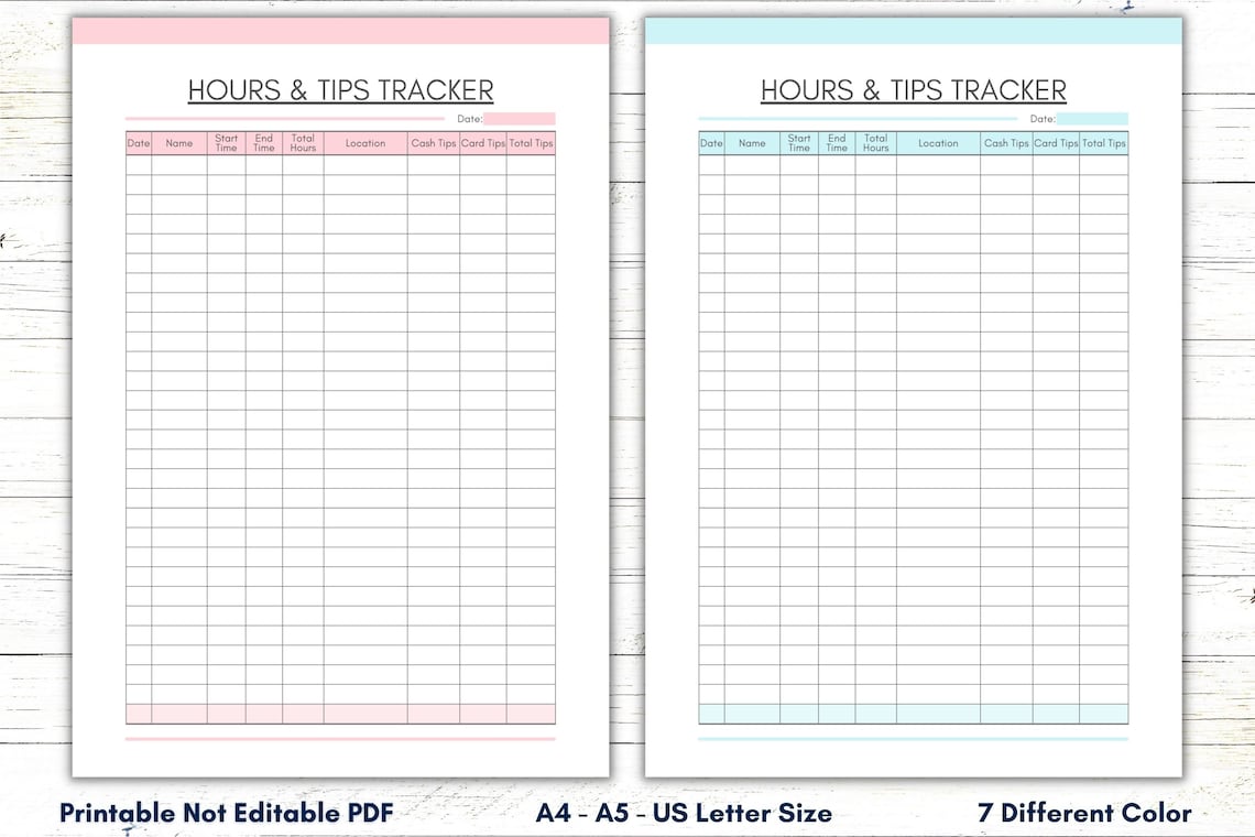 Printable Hours and Tips Tracker, Cash Tips Tracker, Card Tips Tracker ...