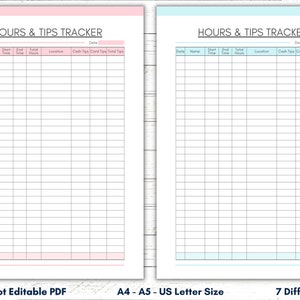 Printable Hours and Tips Tracker, Cash Tips Tracker, Card Tips Tracker ...