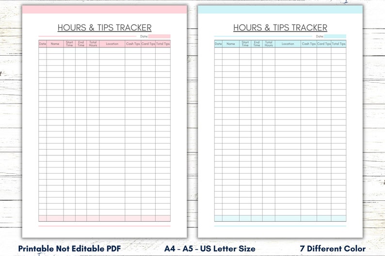 Printable Hours and Tips Tracker, Cash Tips Tracker, Card Tips Tracker ...