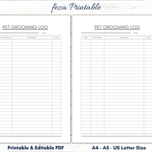 Pet Grooming Tracker Printable, Pet Grooming Log Editable, Pet Grooming ...