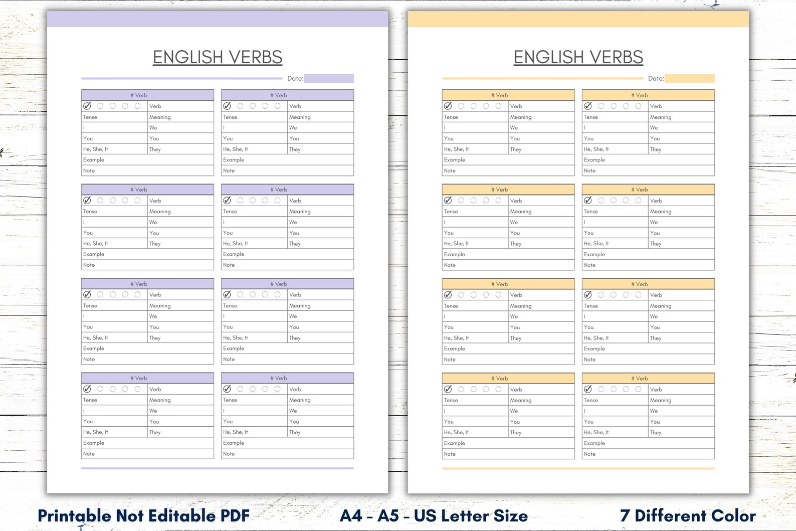 Printable English Verbs Practice Sheet, English Study Planner Template ...