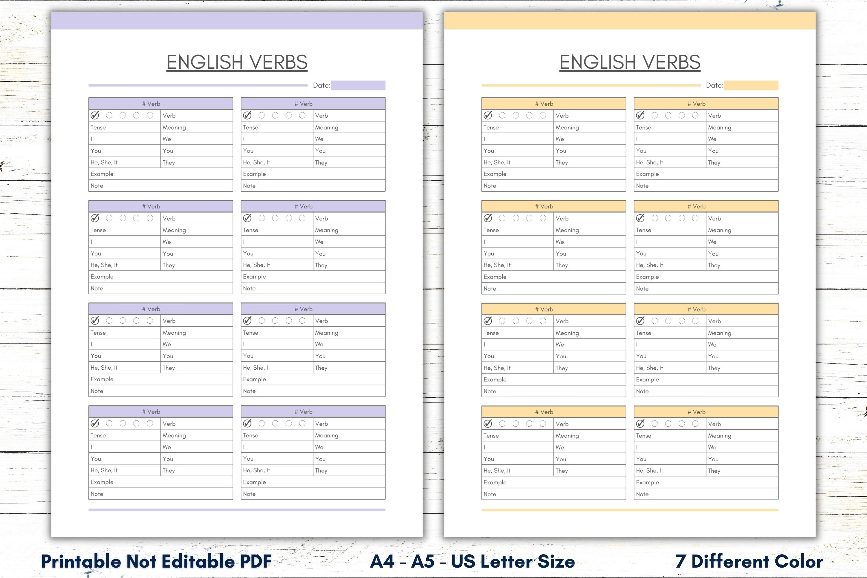 Printable English Verbs Practice Sheet, English Study Planner Template ...