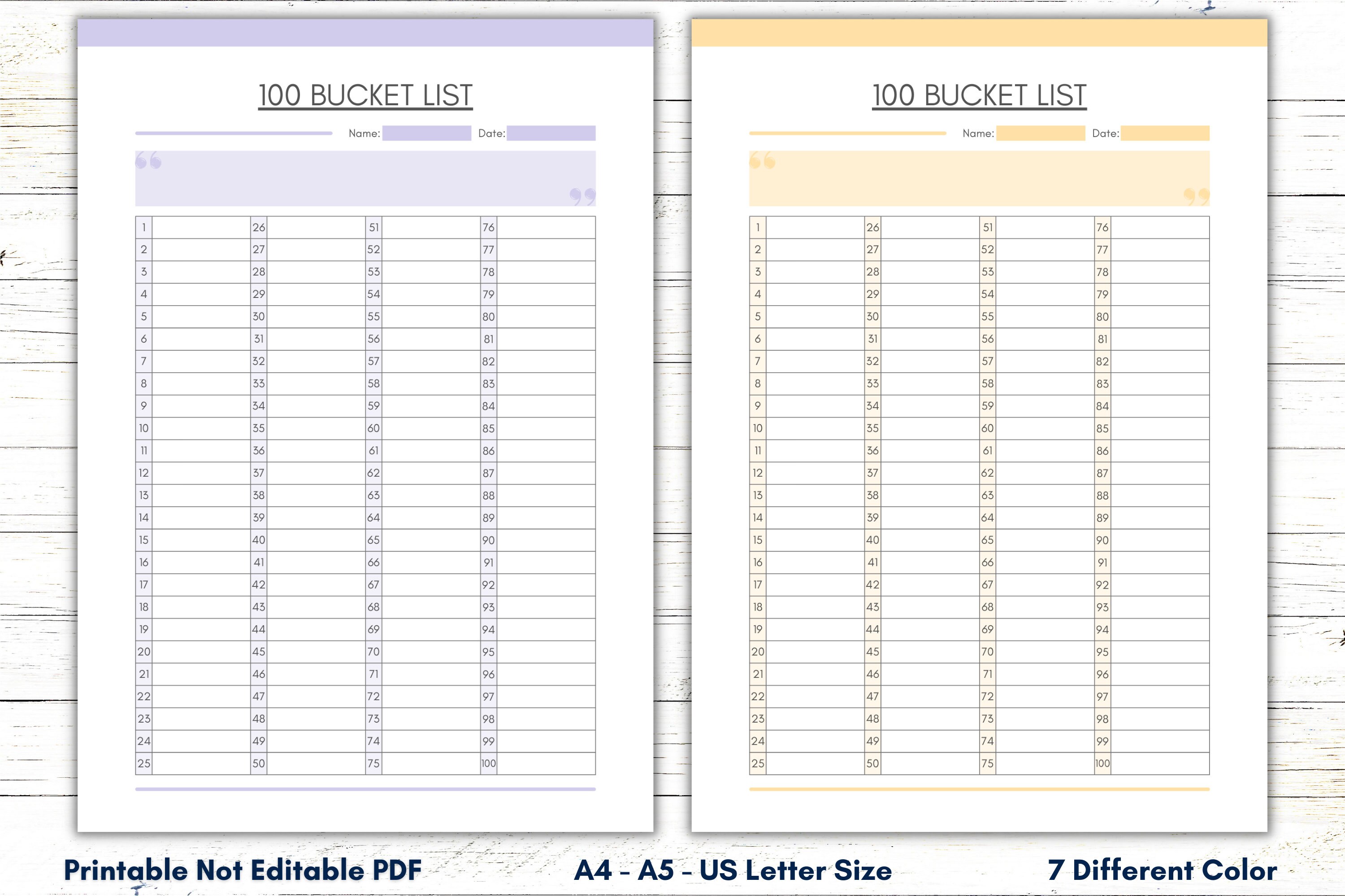 100 Bucket List Printable Template, Bucket List Sheet, Bucket List ...