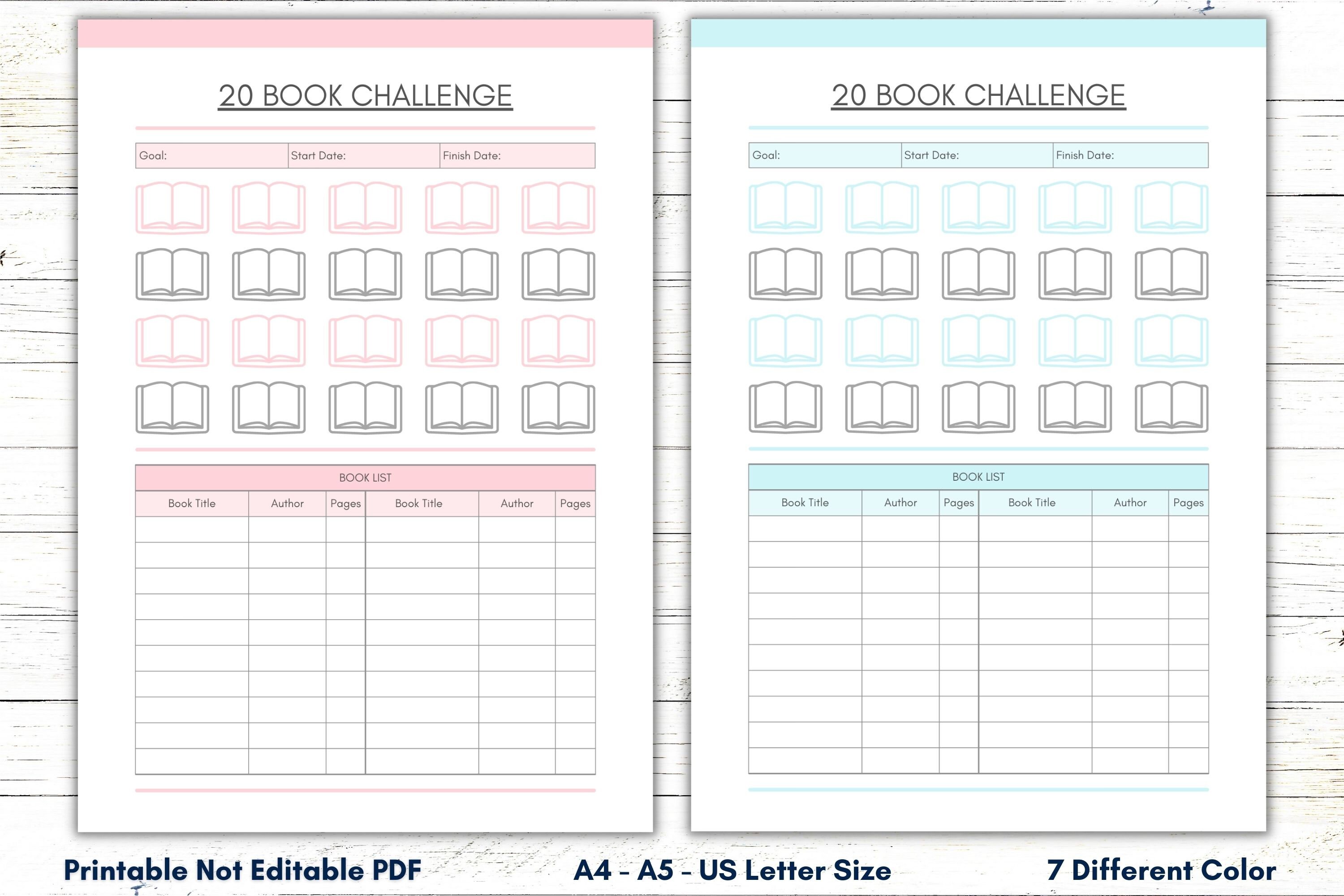 20 Book Challenge Tracker Template, Reading Challenge, Book Counter ...