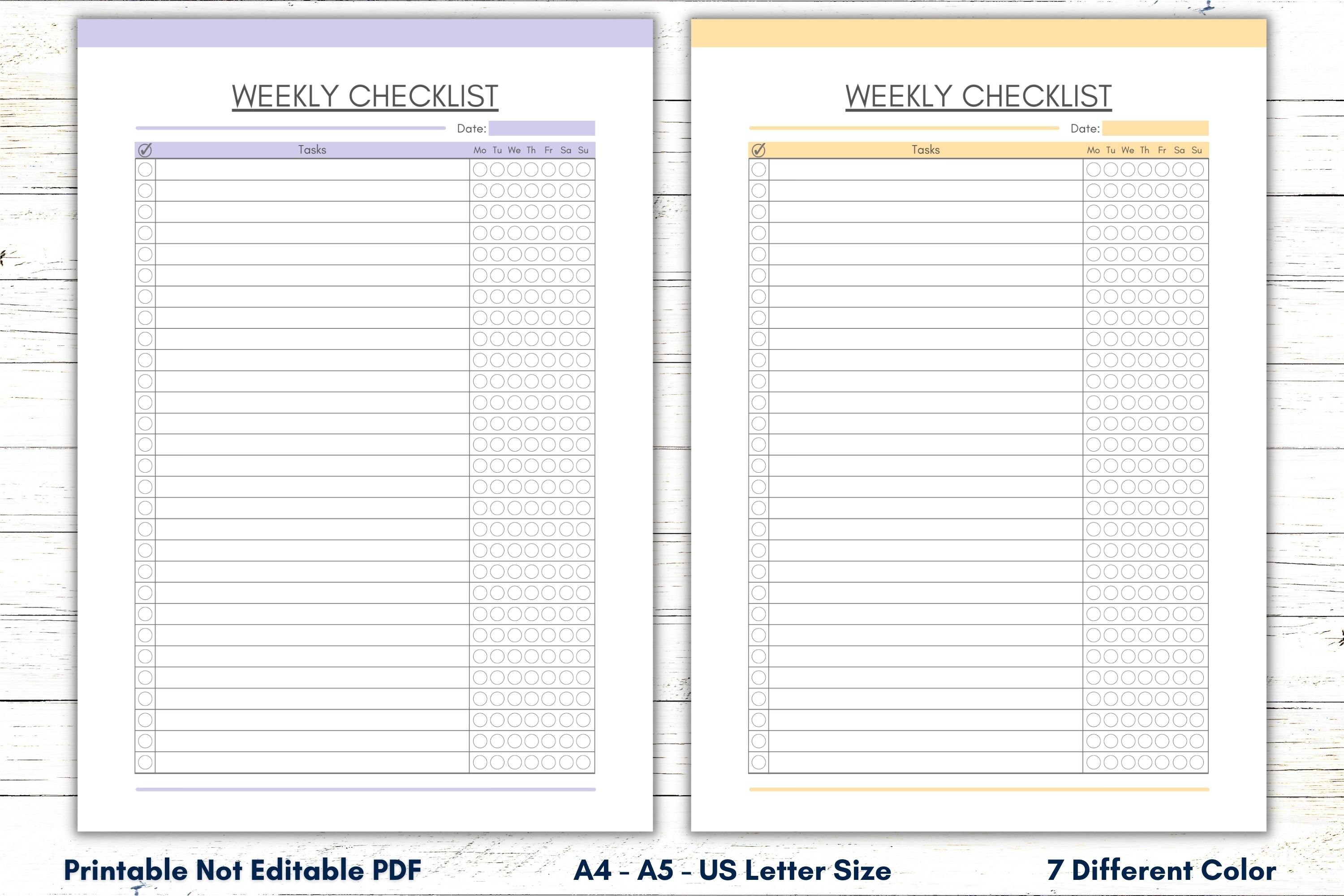 Printable Weekly Checklist, Weekly Tasks List, Weekly Organizer, PDF ...