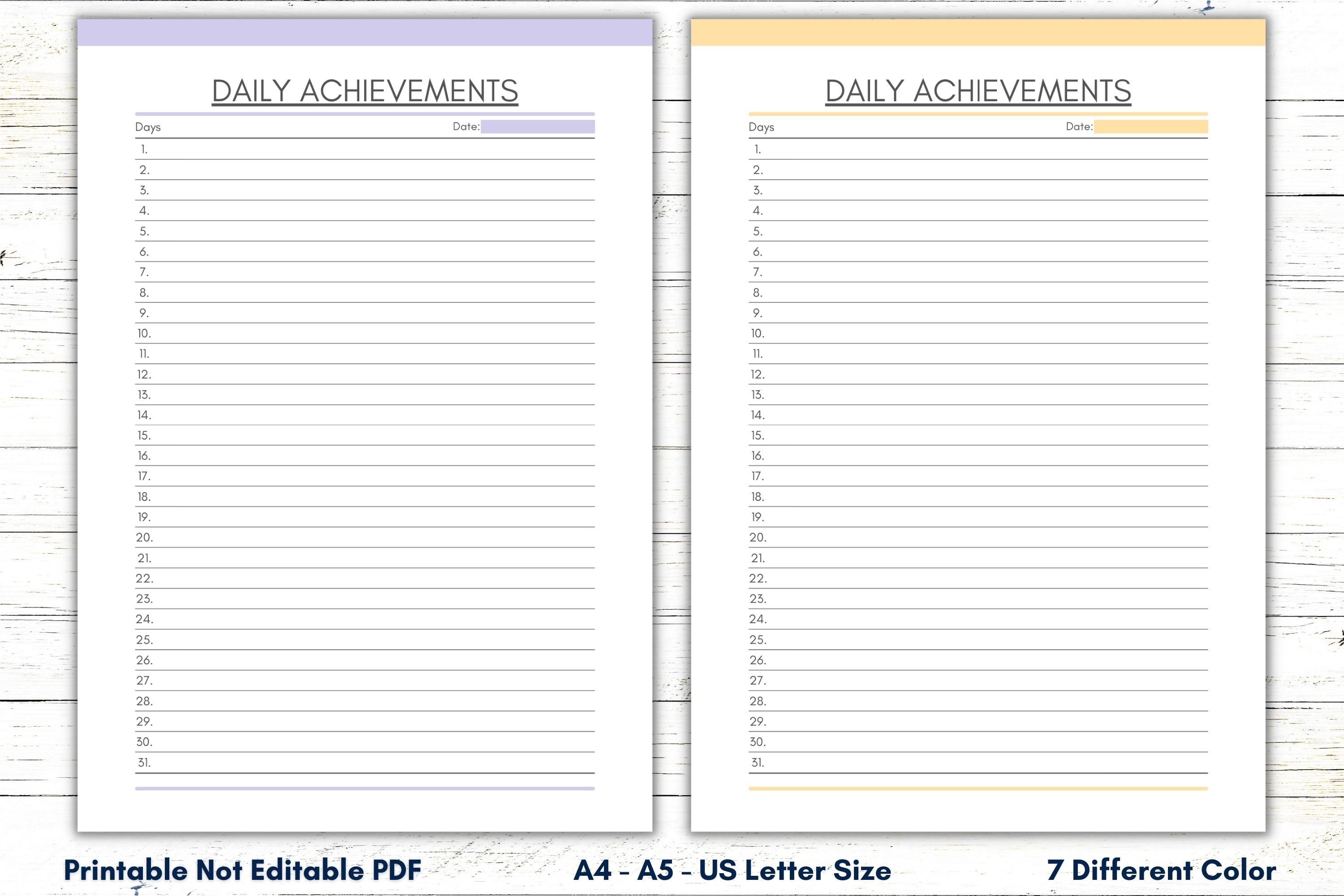 Printable Daily Achievements Tracker, Achievements Overview, Daily ...
