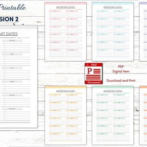Printable Important Dates Sheet, PDF Important Dates Tracker, PDF Dates ...