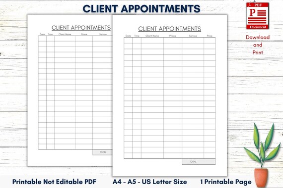 Printable Client Appointments Form Client Appointments Chart | Etsy