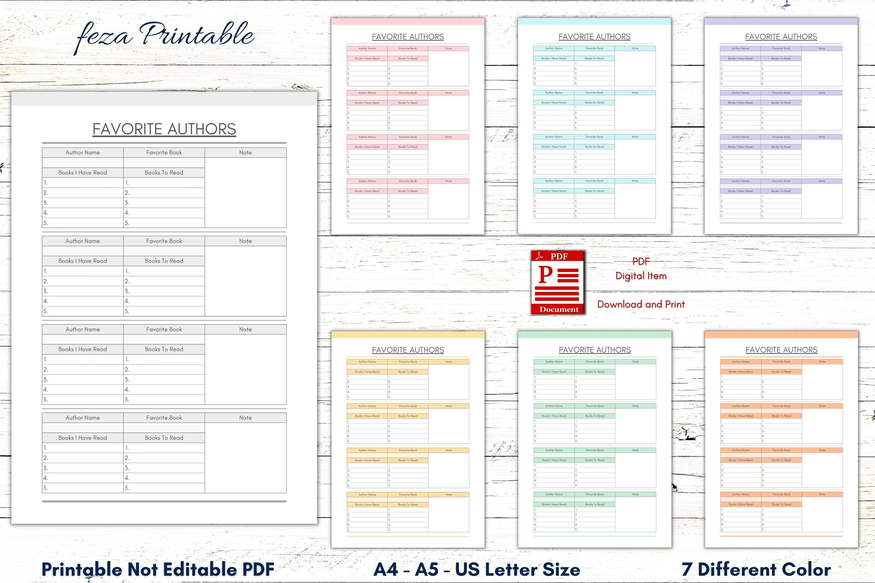 Favorite Authors List Template Printable, Favorite Book Authors Planner ...