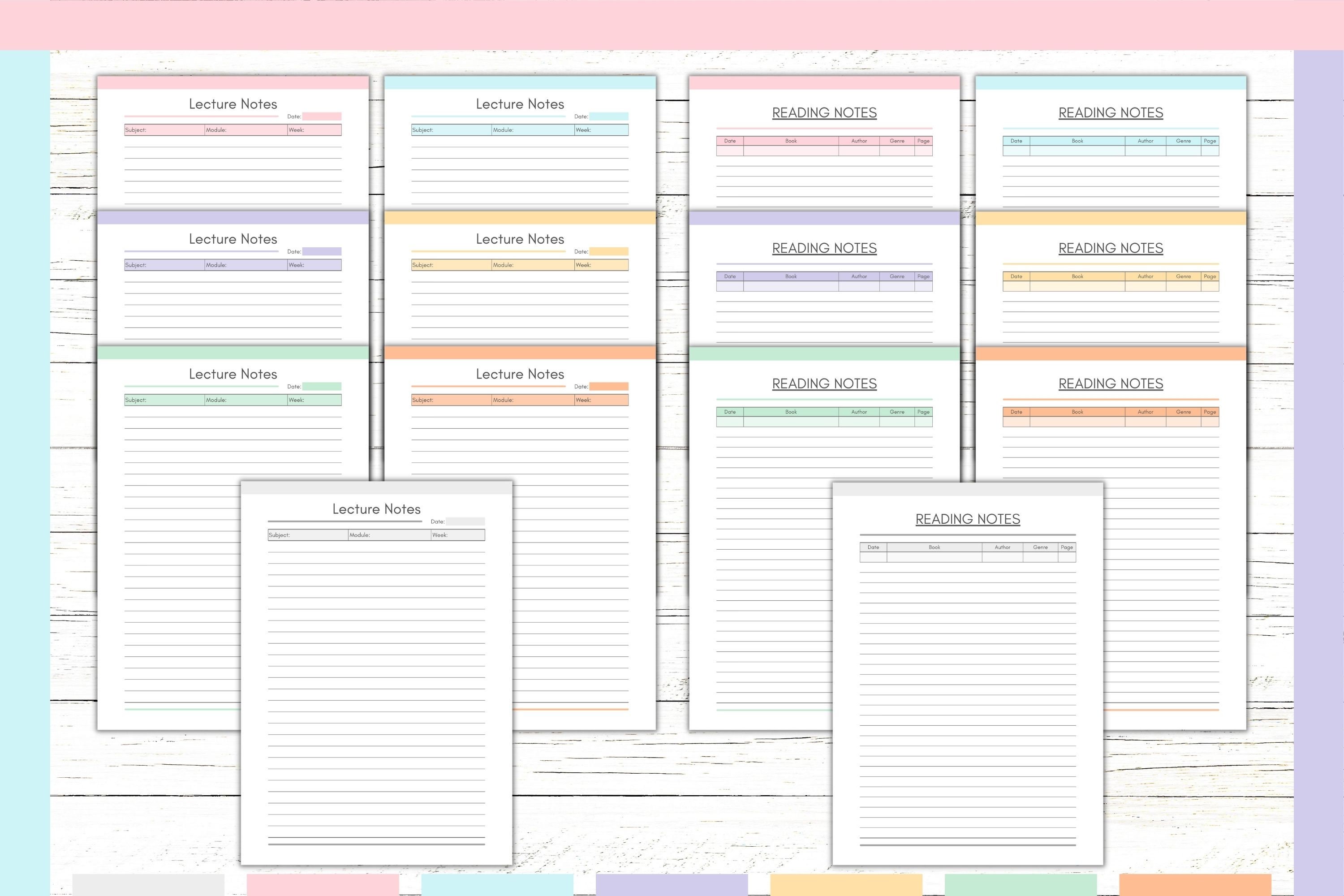 Notes Pages Planner Template Printable, Note Page Sheets, Colored Notes ...