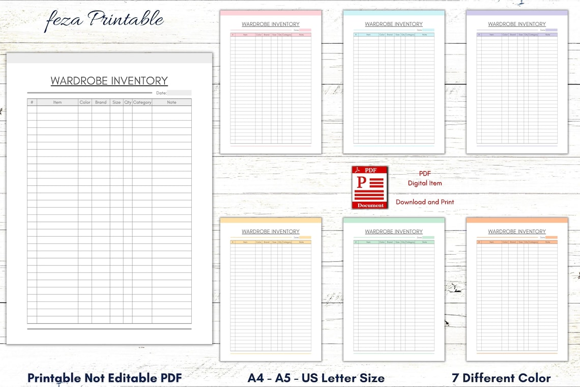 Printable Wardrobe Inventory Template, Wardrobe Organizer Sheet ...