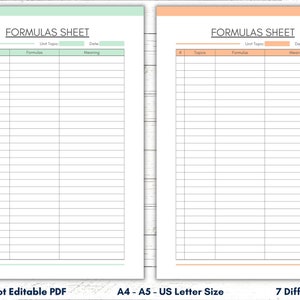 Printable Formulas Sheet Template, Formula Notes Pages, Formulas ...