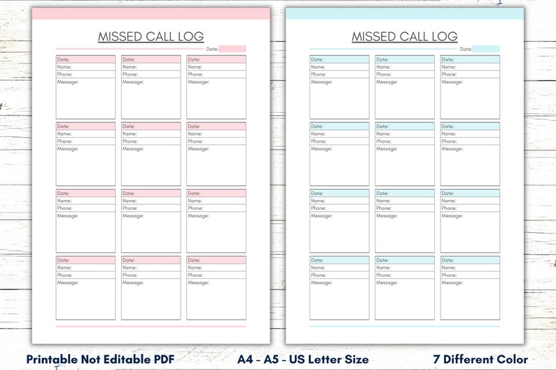 Printable Missed Call Log Template, A4 A5 US Letter (PDF) - Etsy