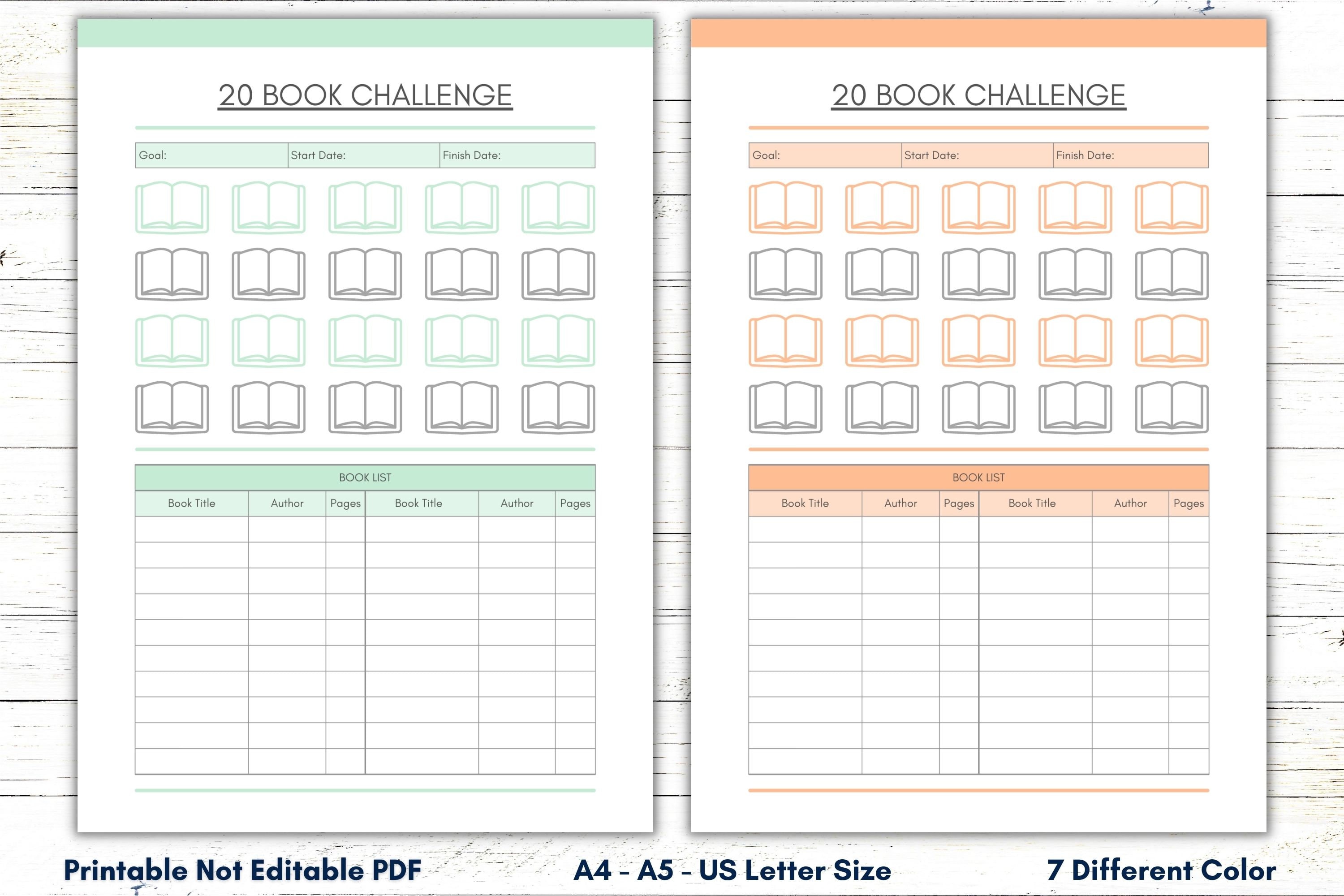 20 Book Challenge Tracker Template, Reading Challenge, Book Counter ...