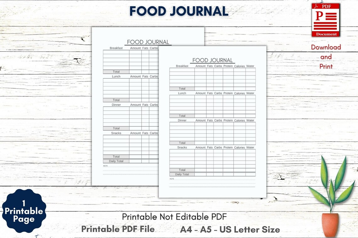 Printable Food Journal Printable Meal Planner Meal Tracker | Etsy