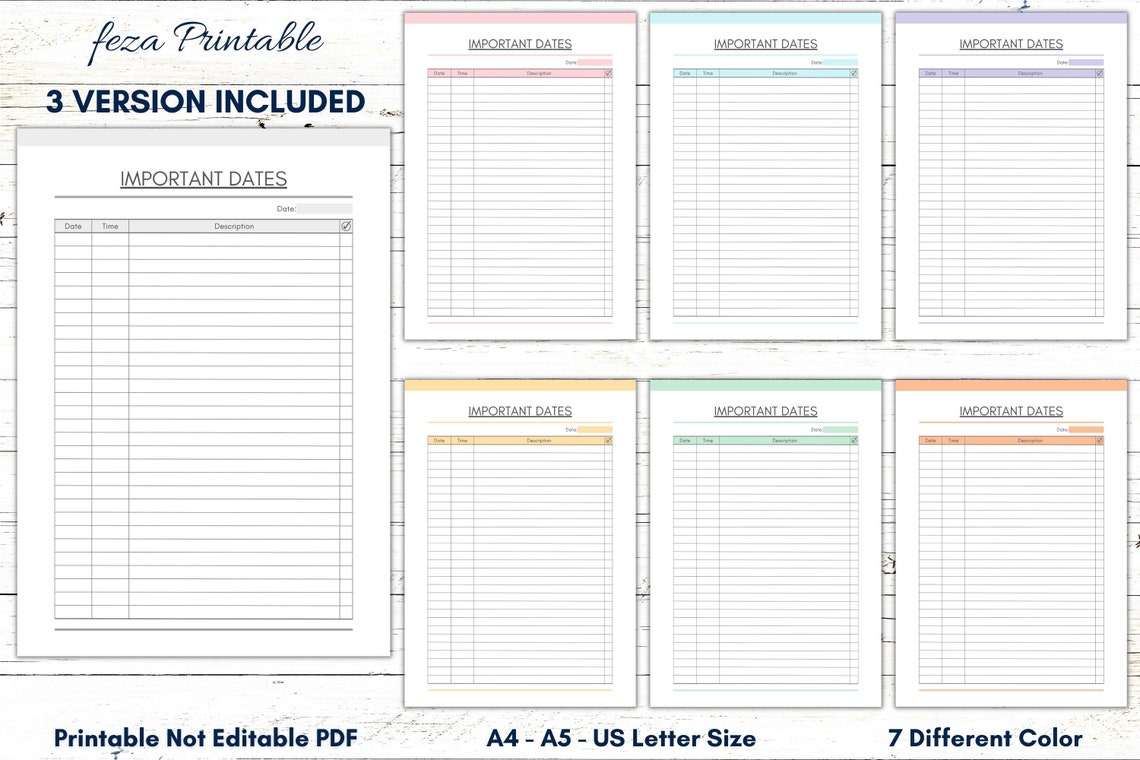 Printable Important Dates Sheet PDF Important Dates Tracker - Etsy Canada