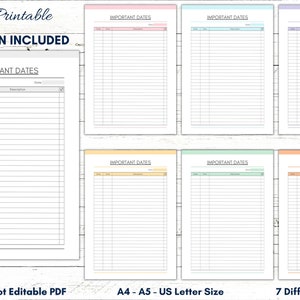 Printable Important Dates Sheet, PDF Important Dates Tracker, PDF Dates ...