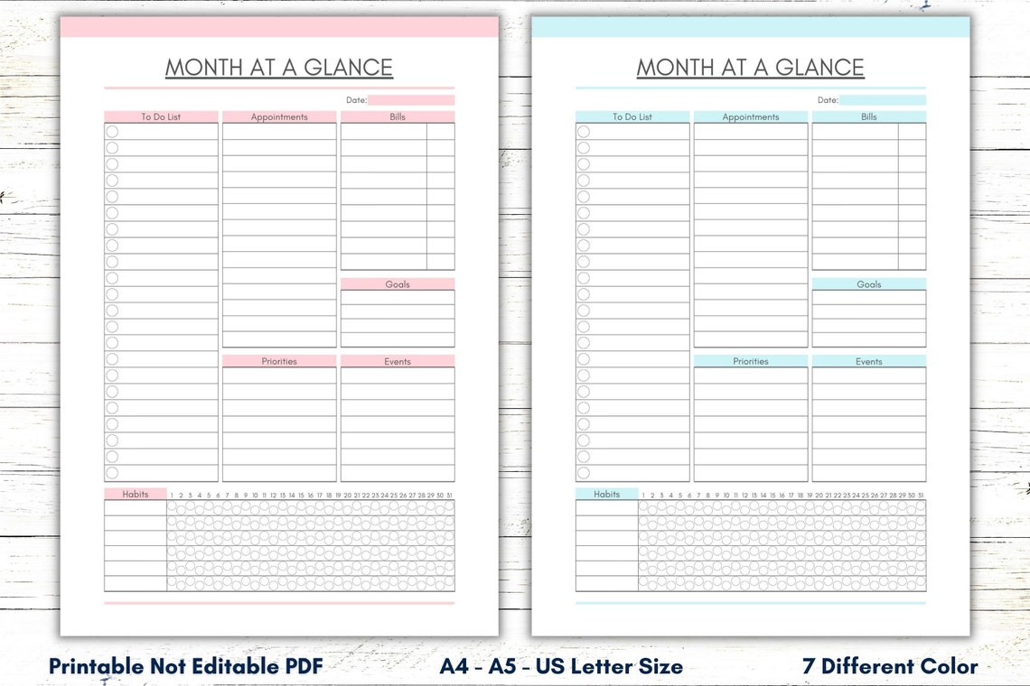 Printable One Line A Day and Month at A Glance Template, PDF Monthly ...