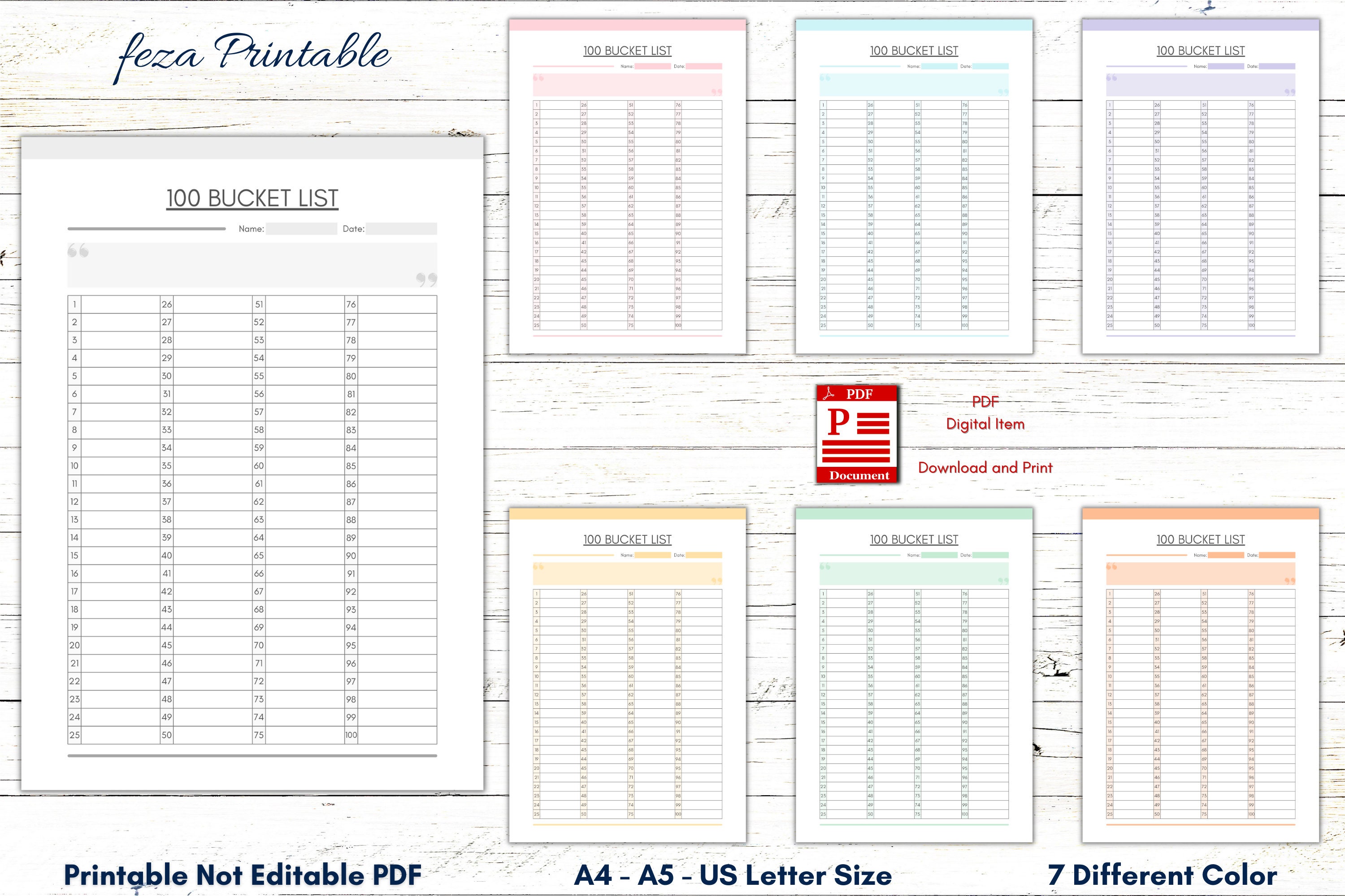 100 Bucket List Printable Template, Bucket List Sheet, Bucket List ...