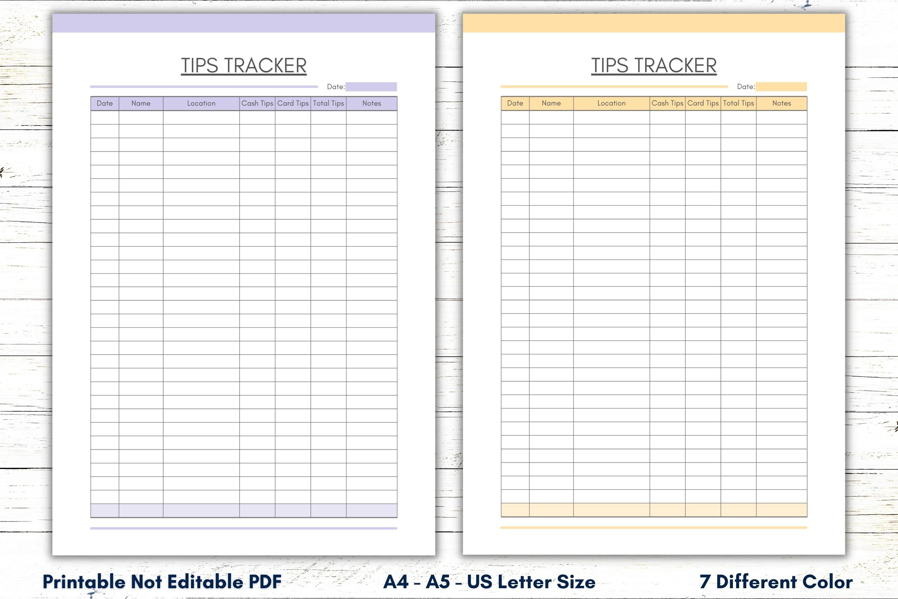 Printable Hours and Tips Tracker, Cash Tips Tracker, Card Tips Tracker ...