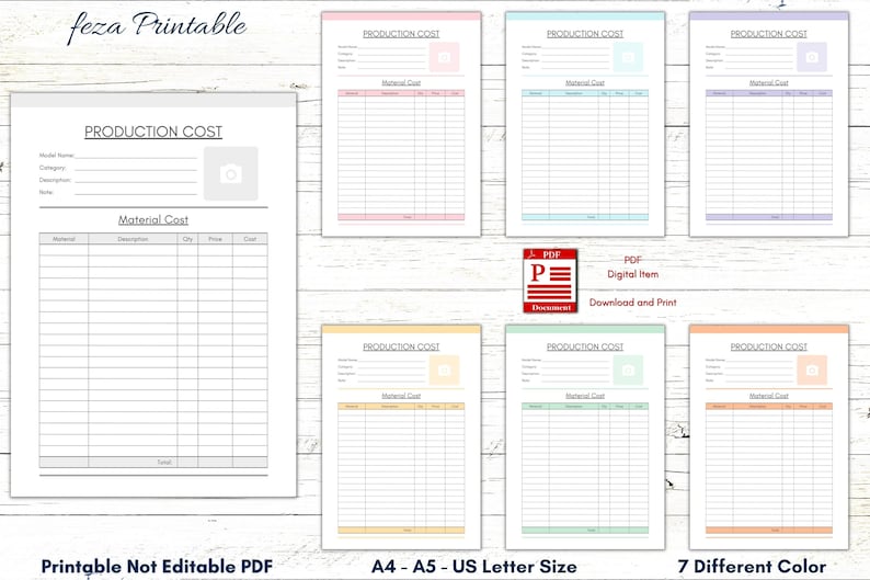 Printable Production Cost Template, Printable Material Cost, Printable ...