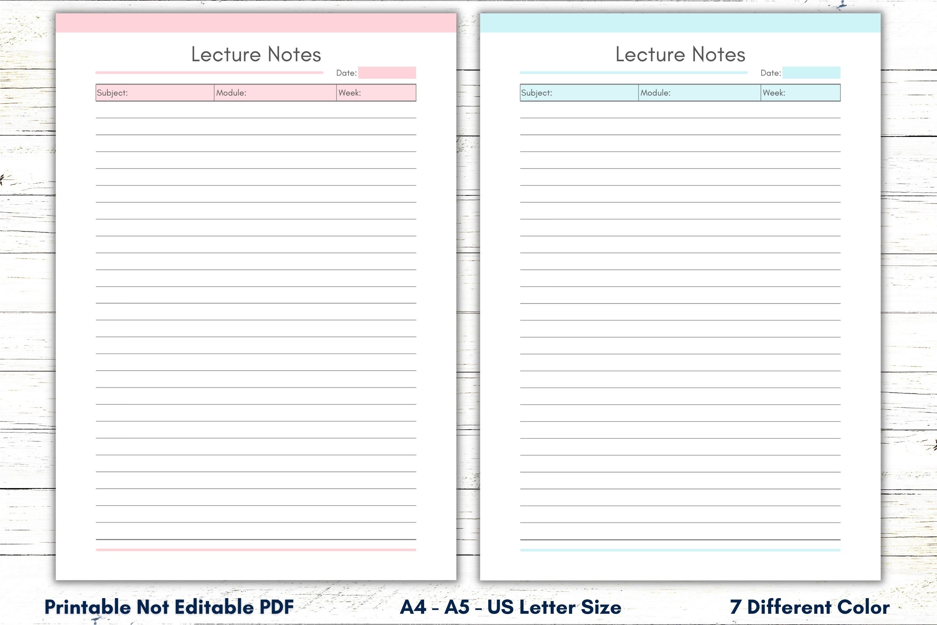 Printable Lecture Notes Template, Color Lined Pages (PDF) - Etsy