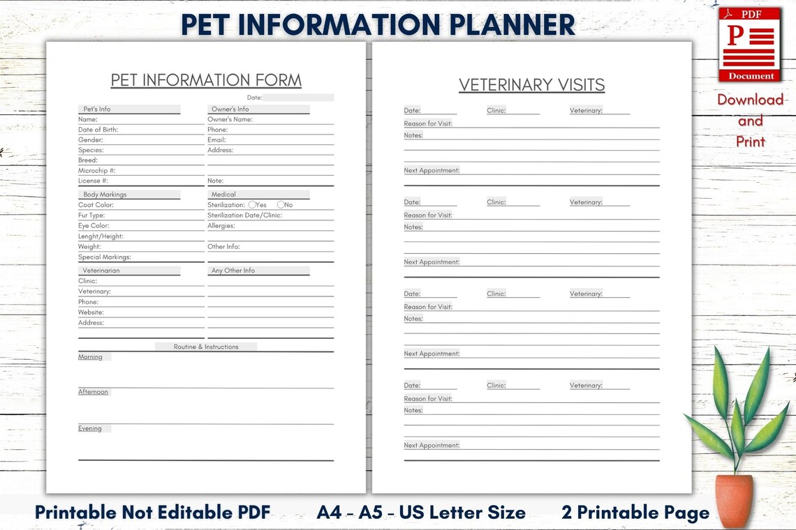 Printable Pet Information Form PDF Pet Veterinary Visit | Etsy
