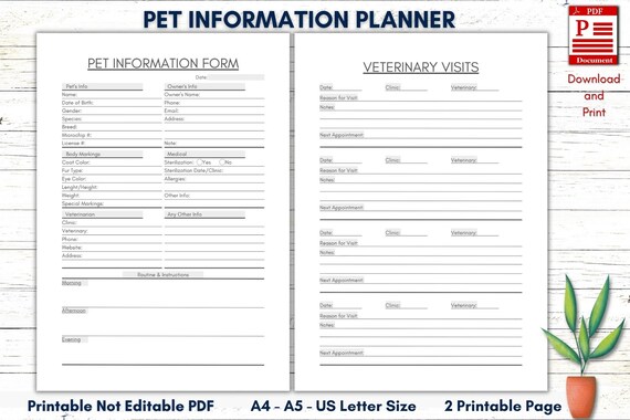 Printable Pet Information Form PDF Pet Veterinary Visit | Etsy