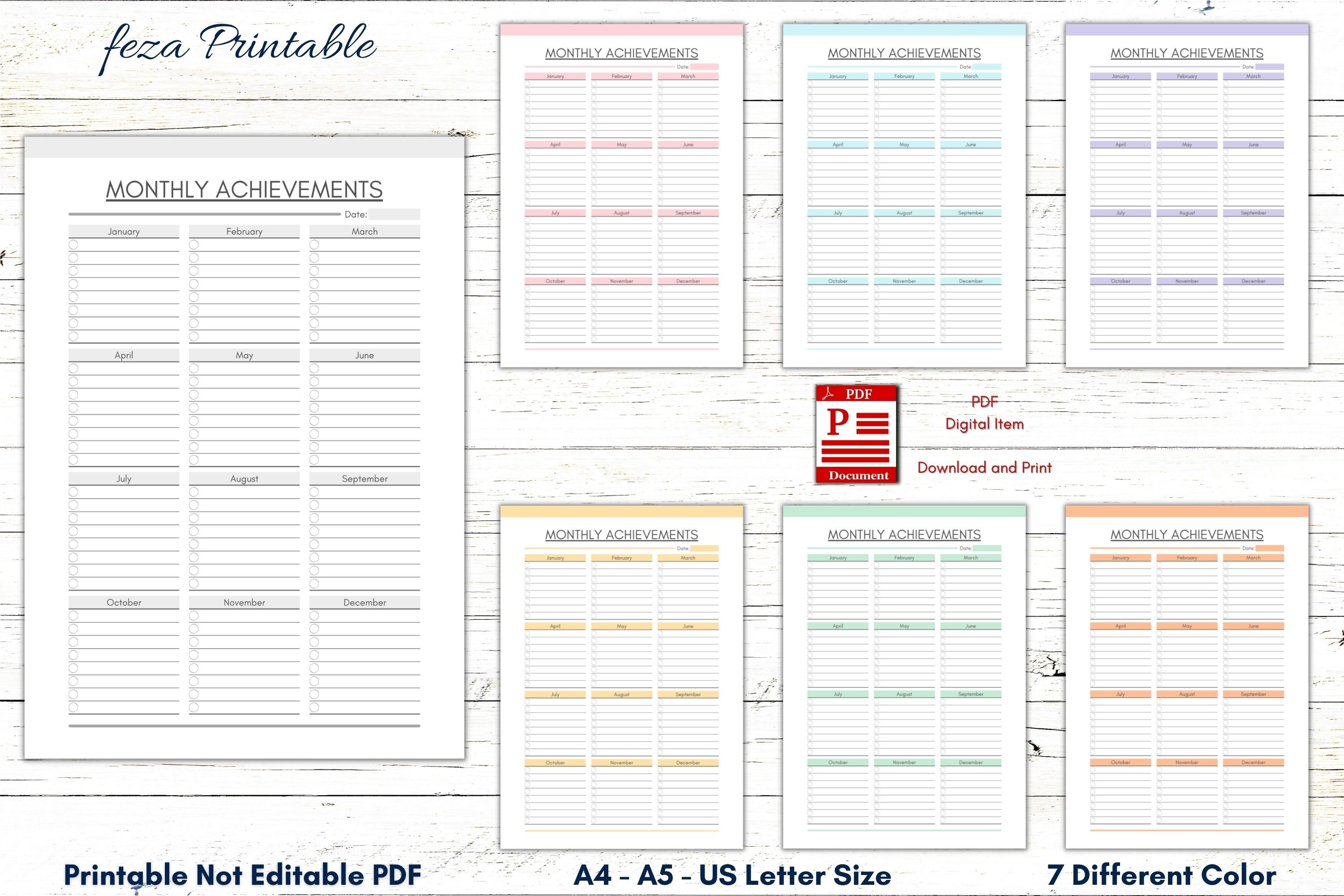 Printable Monthly Achievements Tracker, Goals Organizer (PDF) - Etsy