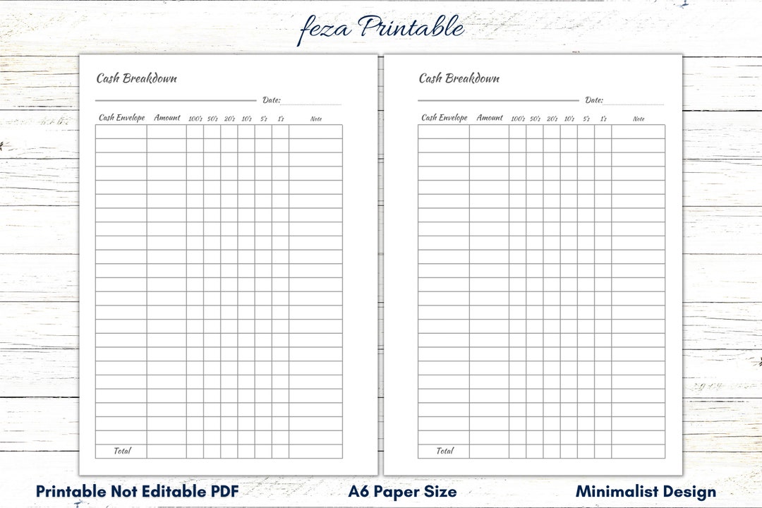 A6 Cash Breakdown Printable, Cash Breakdown Sheet, Money Breakdown ...