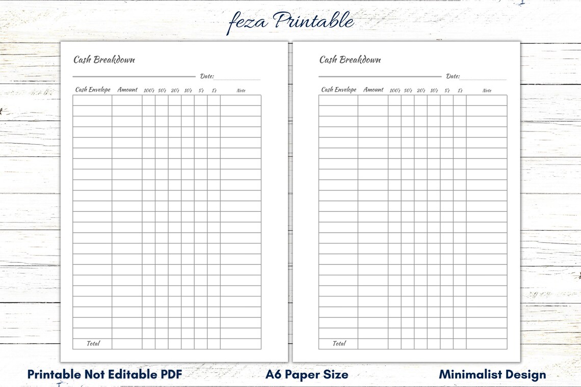 A6 Cash Breakdown Printable, Cash Breakdown Sheet, Money Breakdown ...