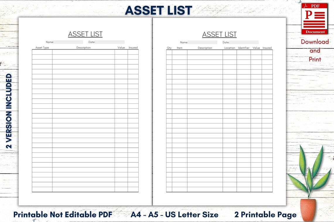 Printable Asset Tracking Asset Tracker Asset List Inventory - Etsy