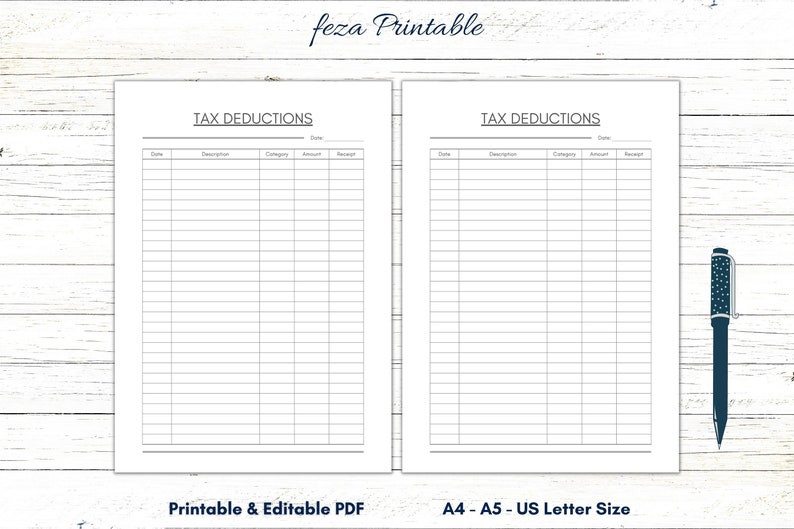 Tax Deductions Printable, Tax Deduction Tracker Template, Taxing Log ...