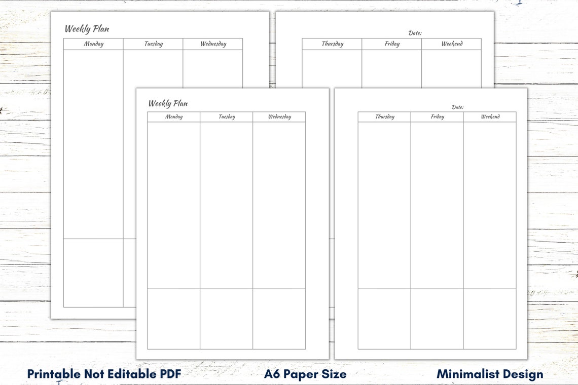 A6 Weekly Planner Insert, Weekly Planner Printable, Weekly Planner ...