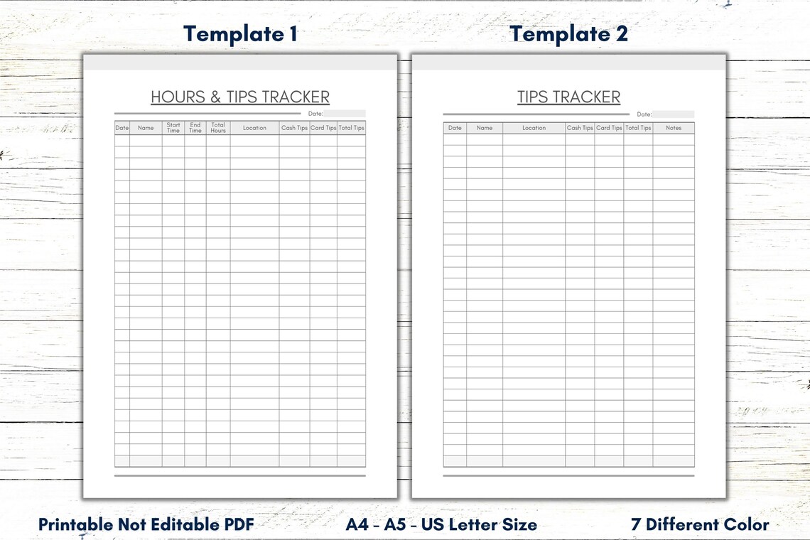 Printable Hours and Tips Tracker, Cash Tips Tracker, Card Tips Tracker ...