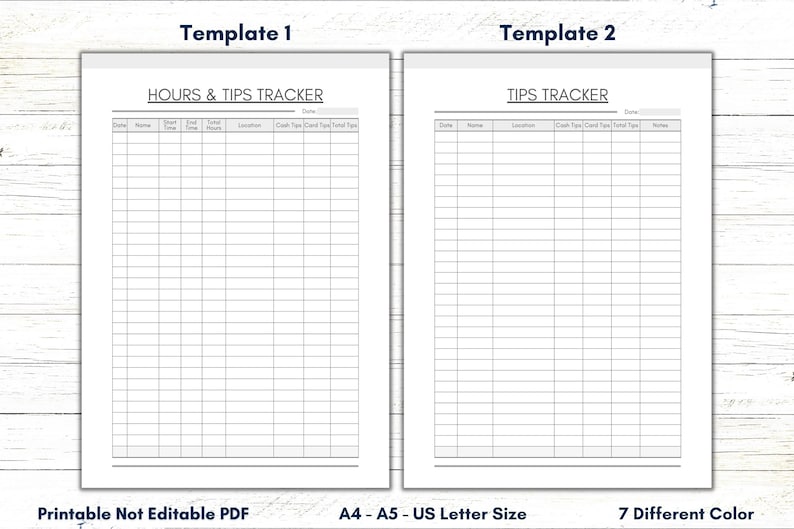 Printable Hours and Tips Tracker, Cash Tips Tracker, Card Tips Tracker ...